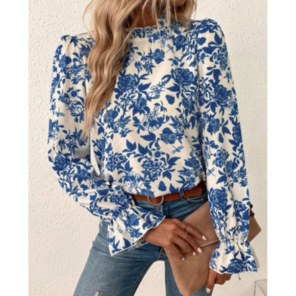 Tops | Boho Floral Print Flounce Sleeve Blouse | Poshmark